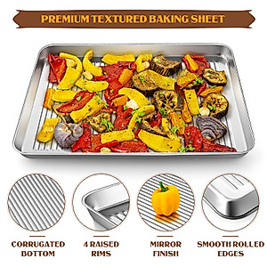 Baking Sheet Pan with Rack Set, E-far 16”x12” Stainless Steel Cookie Sheet for Oven Cooking Roasting, Rimmed Textured Metal Tray with Wire Cooling Rack for Resting Bacon Meat Steak - Dishwasher Safe