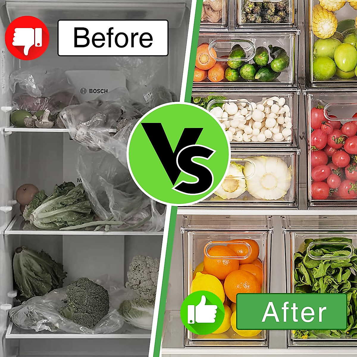 Decorelement Extra Large Refrigerator Organizer Bins with Pull-out Drawer, Stackable Clear Bins with 3 Dividers, Pantry Organization and Food Storage