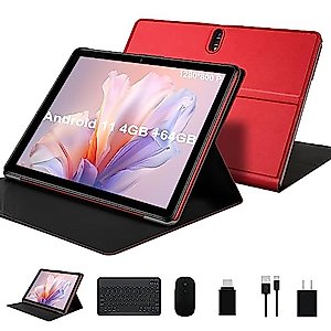 JUSYEA J5-W Android 11 Tablet 10.1 inch Tablets, 4GB RAM 64GB ROM 128GB Expansion, Octa-Core Processor, HD Touch Screen, 8000mAh Battery with Mouse and Keyboard, Case - Red