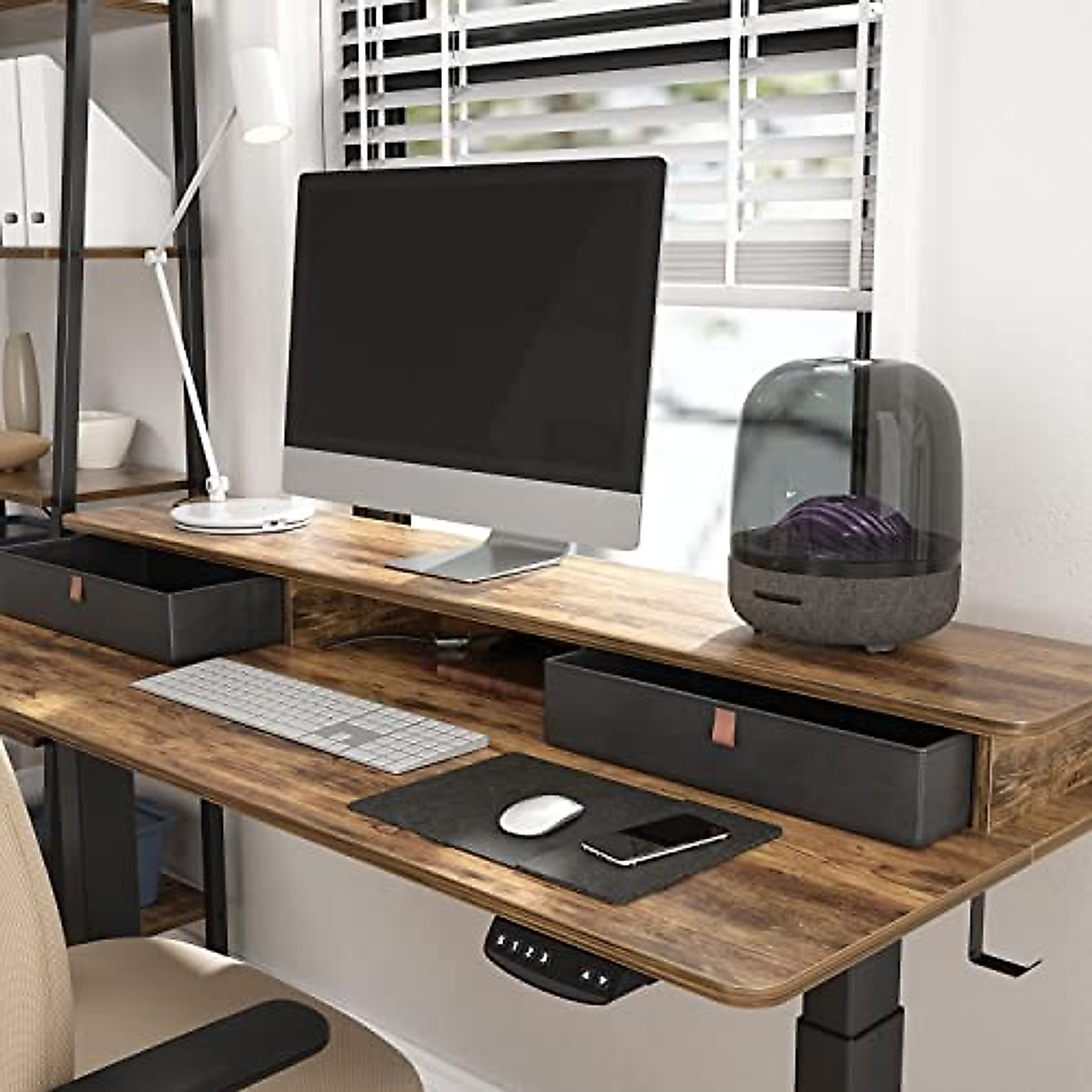 BANTI Electric Standing Desk with Double Drawers, 55x24 Inches Adjustable Height Stand Up Desk, Sit Stand Home Office Desk with Storage Shelf, Rustic Brown Top/Black Frame