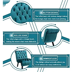SmartDer Comfy Velvet Accent Chair, Upholstered Armless Side Chair for Living Room, Modern Lounge Chair with Tufted Back and Rolled Edge Design, Comfy Reading Chair with Solid Rubber Wooden Legs,Teal