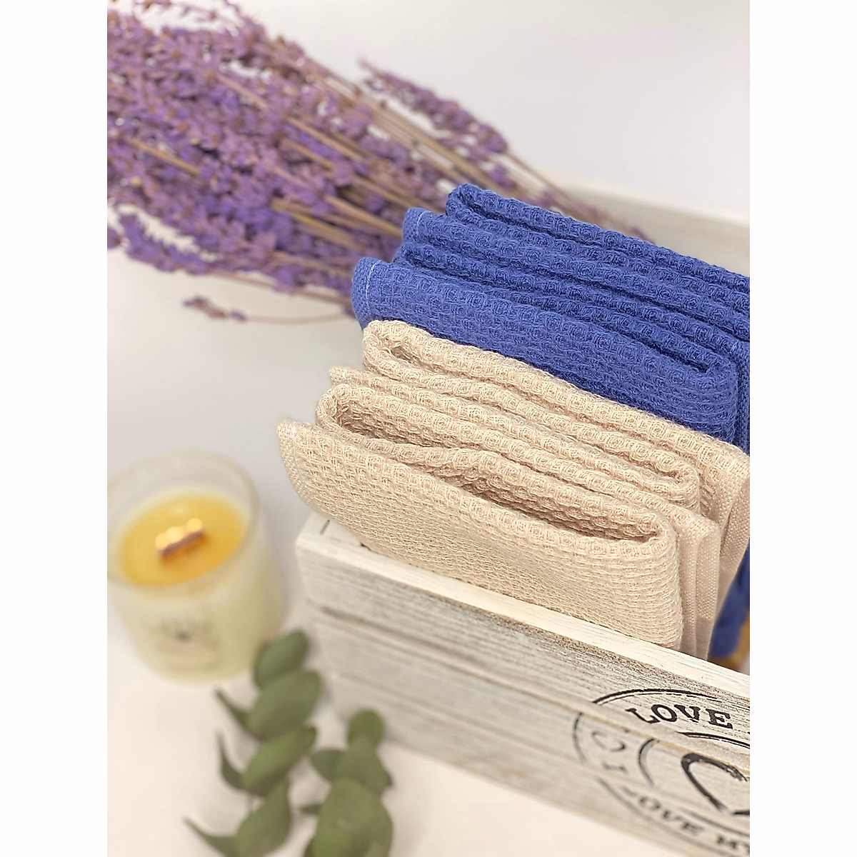 JuliaNa Home and Decor Waffle Weave Kitchen Towels, 100% Cotton, Set of 4 Cloths for Washing Dishes, Kitchen Dish Towels 12x12 Inches, Cream White and Blue