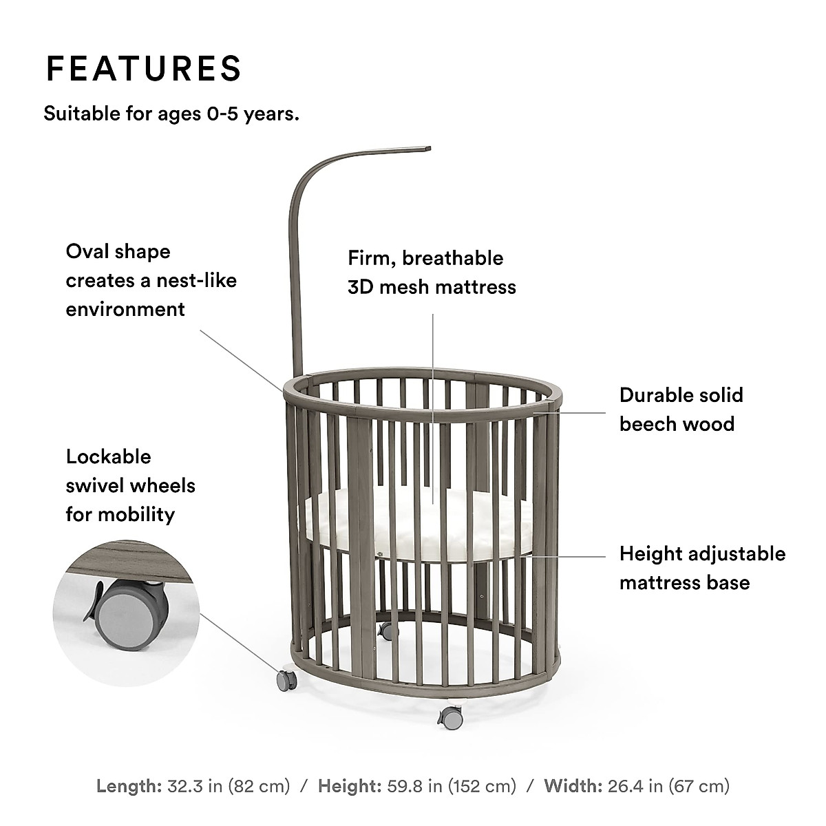 Stokke Sleepi Mini Bundle, Hazy Grey - Includes Crib/Bed, Mattress & Drape Rod - Suitable for Ages 0-5 Years Old - Adjustable & Stylish