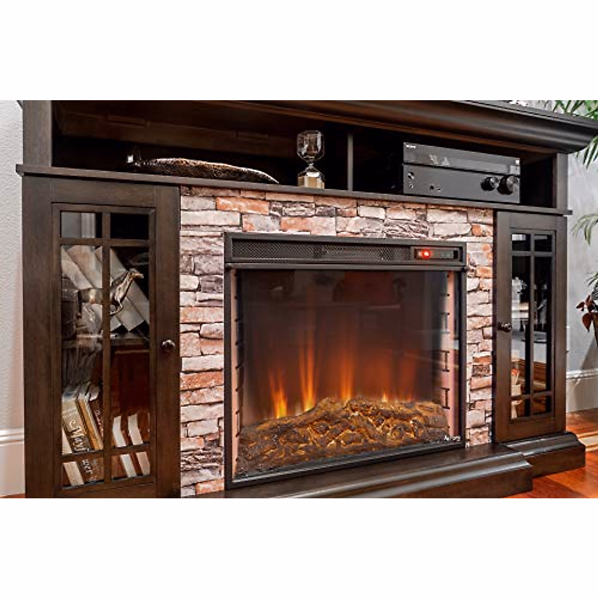 e-Flame USA Whistler Large Mantel Electric Fireplace Stove TV Stand with Media Shelves - Faux Stone Dark Oak - 66"x43"