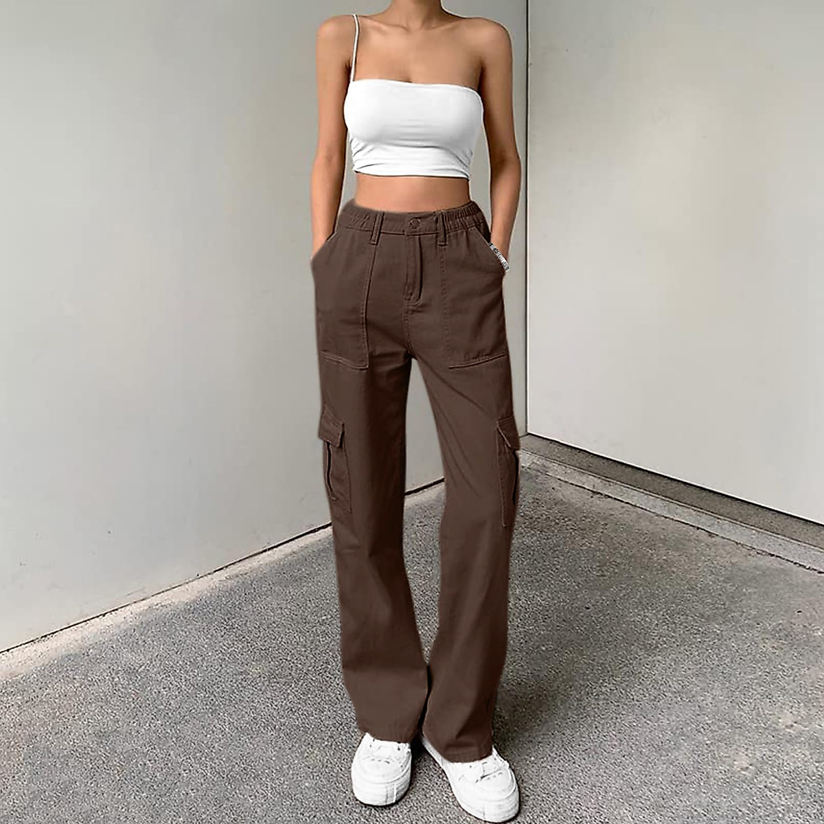 Lepunuo Cargo Pants Women Baggy High Waisted Y2K Wide Leg Boyfriend Streetwear Dark Brown