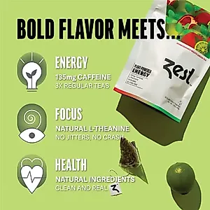 Zest 135mg High Caffeine Energy Leaf Blend - Pomegranate Mojito Green Tea - 20 Pack Bag - All Natural Strong Flavored Healthy Coffee Alternative Highly Caffeinated Substitute - Perfect for Keto