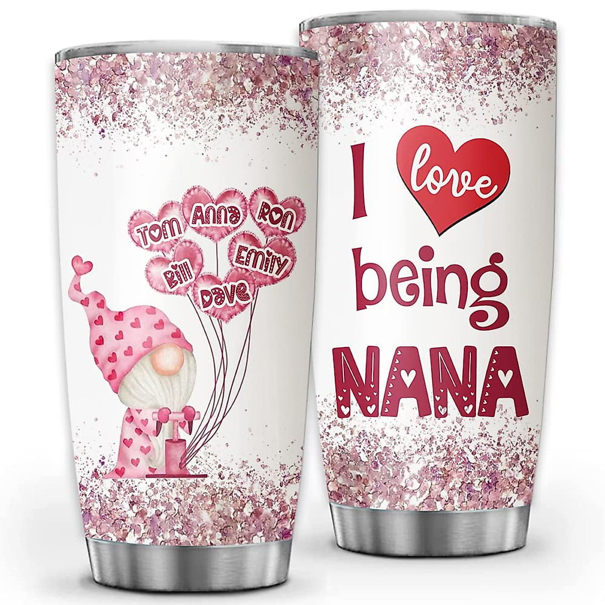 Custom Gnome I Love Being A Nana, Mimi, Grandma Personalized Tumbler Cup with Grandkids Names, Gift For Grandmother, Granny, Grammy Birthday Gifts 20oz Insulated Coffee/Tea Tumbler with Lid (Style 6)