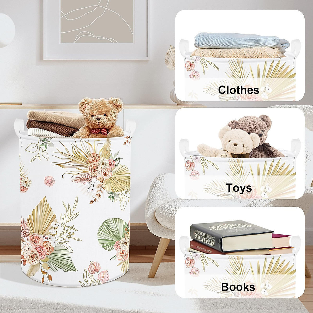 Clastyle 45L Large Boho Leaf Laundry Basket with Lid Tropical Floral Palm Leaves Collapsible Clothes Hamper Botanical Towel Toy Basket with Handle for Bedroom Bathroom