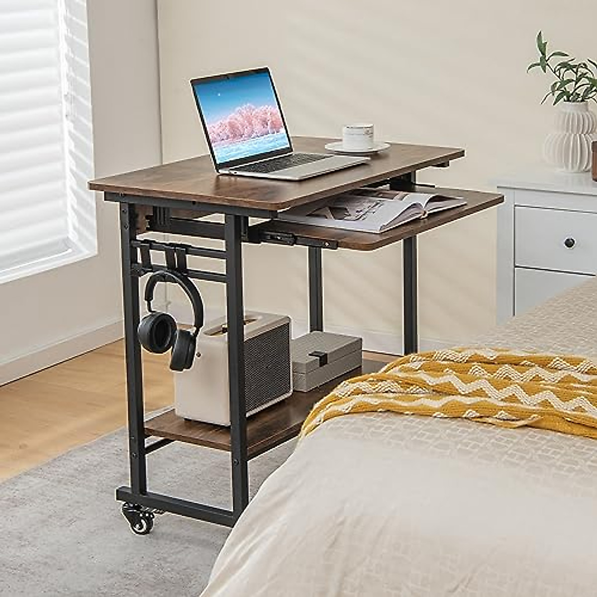 Tangkula Rolling Computer Desk Cart with Keyboard Tray, Mobile Portable Laptop PC Desk with CPU Stand & 3 Hooks for Sofa & Bed, Industrial Small Desk on Wheels for Small Spaces, Home Office Desk