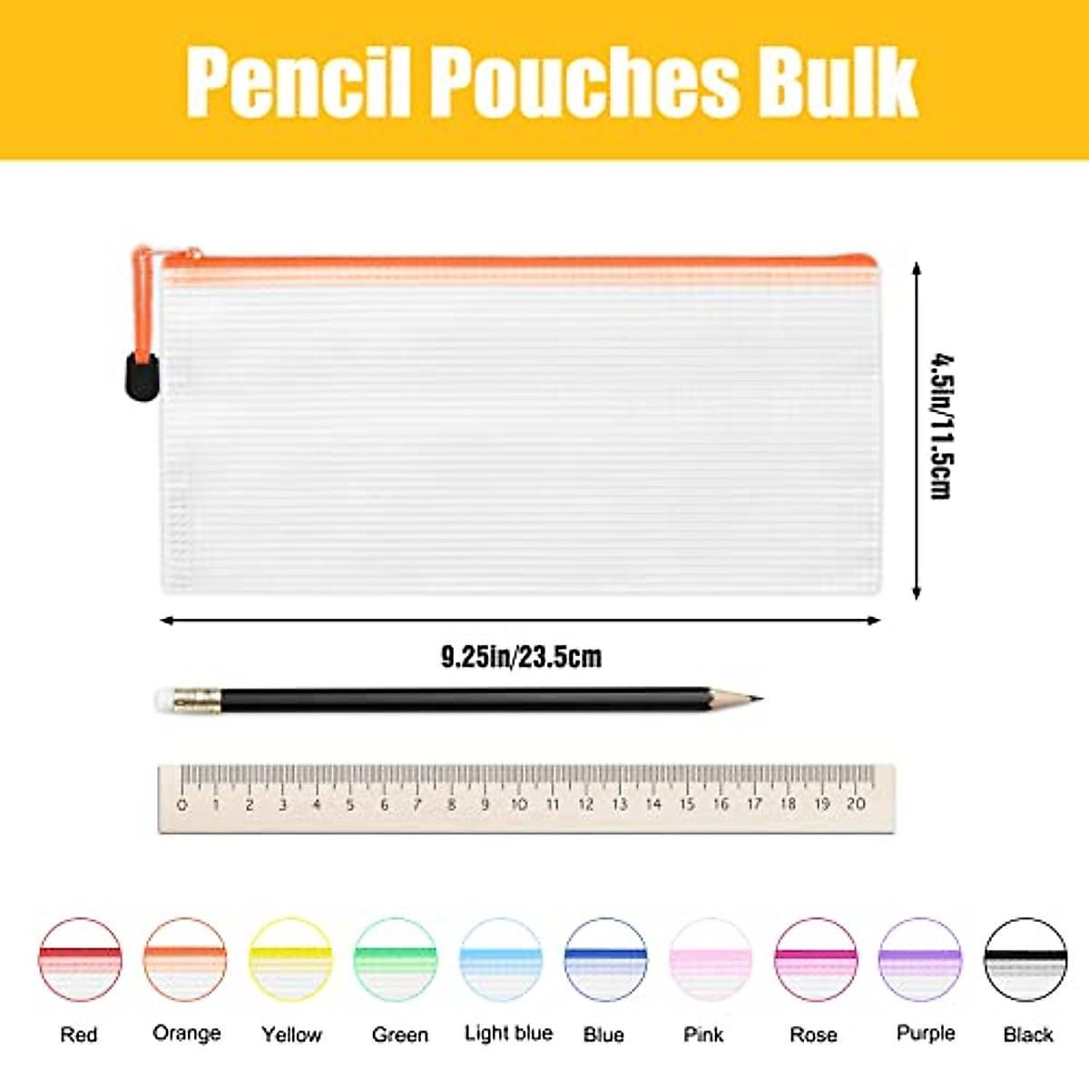 EOOUT 20pcs Mesh Zipper Pouch, Pencil Pouches Bulk, 9.5×4.5 Inch, Pencil Case Bulk Pencil Bags, 10 Colors, for Bills, Cash, Cosmetics, Travel Storage, School and Office Supplies Organization