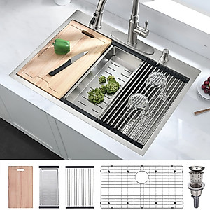 BoomHoze 33-inch Kitchen Sinks, 33x22 Drop In Kitchen Sink 304 Stainless Steel Sink Single Bowl Top Mount Workstation Kitchen Sink 16 Gauge Handmade Deep Kitchen Sink with Cutting Board