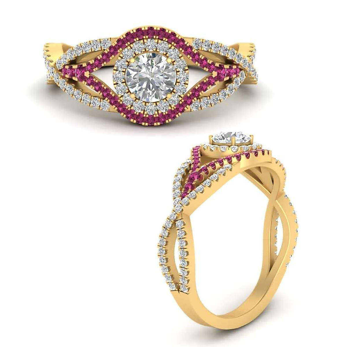Jewelrygift Round Twisted Pave Double Halo Diamond Ring Yellow Gold Plated Created Pink Sapphire Round Shape Pink Color Double Halo Engagement Ring Prong Setting in Size 4
