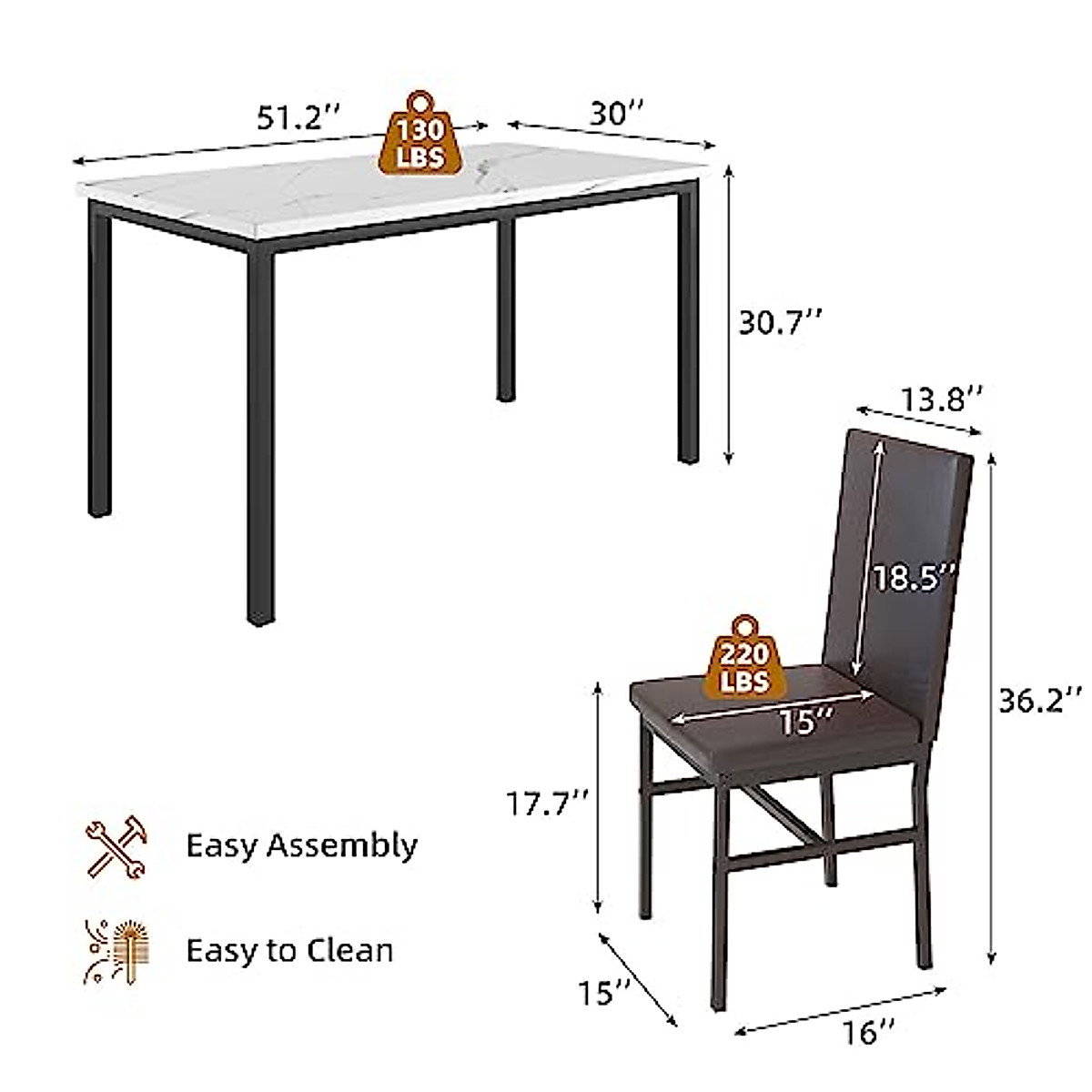 YOFE Dining Table Set for 6, Kitchen Table with 6 Chairs,Faux Marble Tabletop & 6 Leather Upholstered Chairs for Dining Room,Kitchen, Dinette, Breakfast Nook