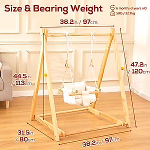 FUNLIO Wooden Toddler Swing Stand with 4 Sandbags, Foldable Baby Swing Stand with Durable Pine & Velcro for Toddlers 6-36 Months, Kids Swing Frame with Maximum Bearing 50lbs, Easy to Assemble & Store