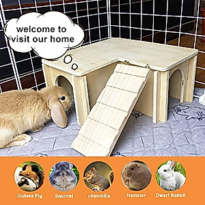 Chngeary Guinea Pig Hideout and House: Multi Chamber Wooden Guinea Pig Castle with Ladder, Cage Accessories for Chinchilla Dwarf Rabbits Hamster Bunny and Others