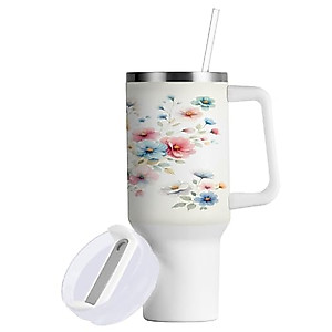 Jihqo Watercolor Cute Flowers 40 oz Stainless Steel Vacuum Insulated Tumbler with Handle and Straw Lid Reusable Leakproof Water Bottle Double Wall Travel Mug Coffee Cup, Cupholder Friendly