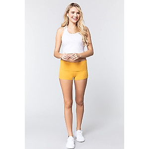 Khanomak Women's Fold Over Stretchy Sports Running Yoga Gym High Waist Cotton Shorts Ochre Mustard Small