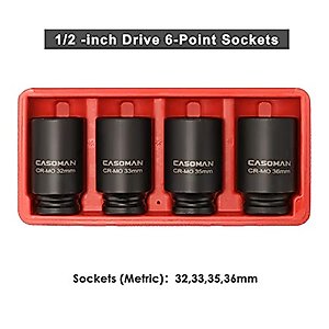 CASOMAN 1/2'' Drive Deep Spindle Axle Nut Impact Socket Set, 6 Point, CR-MO,32,33,35,36mm, 4PC 1/2-Inch Impact Socket Set, Heavy Duty Use In Removing And Installing Axle Nuts