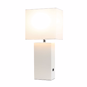 Elegant Designs LT1053-WHT Modern Leather Table Lamp with USB and White Fabric Shade, White