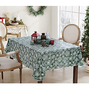 Newbridge Snowfall Snowflake Plaid Christmas Print Vinyl Flannel Backed Tablecloth Contemporary Snowflake Design Easy Care Wipe Clean Xmas Tablecloth, 60 Inch x 102 Inch Oblong/Rectangle, Green