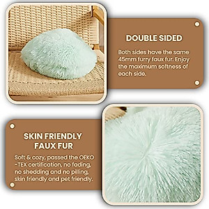 MEGO Fluffy Heart Pillow, Faux Fur Decorative Throw Pillow, Plush Shaggy Heart Shaped Pillow w Insert&Cover, Cute Furry Throw Pillows for Couch Bed Sofa Kid Girls Women Valentine's Day Gift Aqua Green