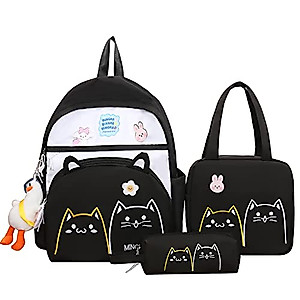 DAHUOJI 3PCS Kawaii Backpack Set 17in Cat Embroidery Backpacks Aesthetic School Bag Cute Bookbag with Lunch Bag,Pencil Box,Duck Pendant & Badge,Black