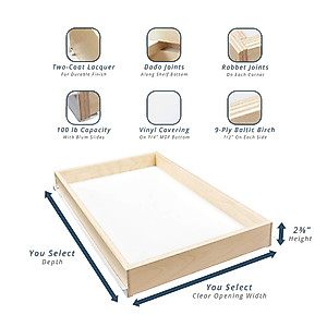 Sliding Pull-Out Shelf for Cabinets (Kitchen Cupboards, Pantry Drawers, Bathroom Storage) 2 3/8" Tall - 3/4 Slides & Base Mounting - Custom Clear Opening Width & Depth: (13", 15.75" (3/4))