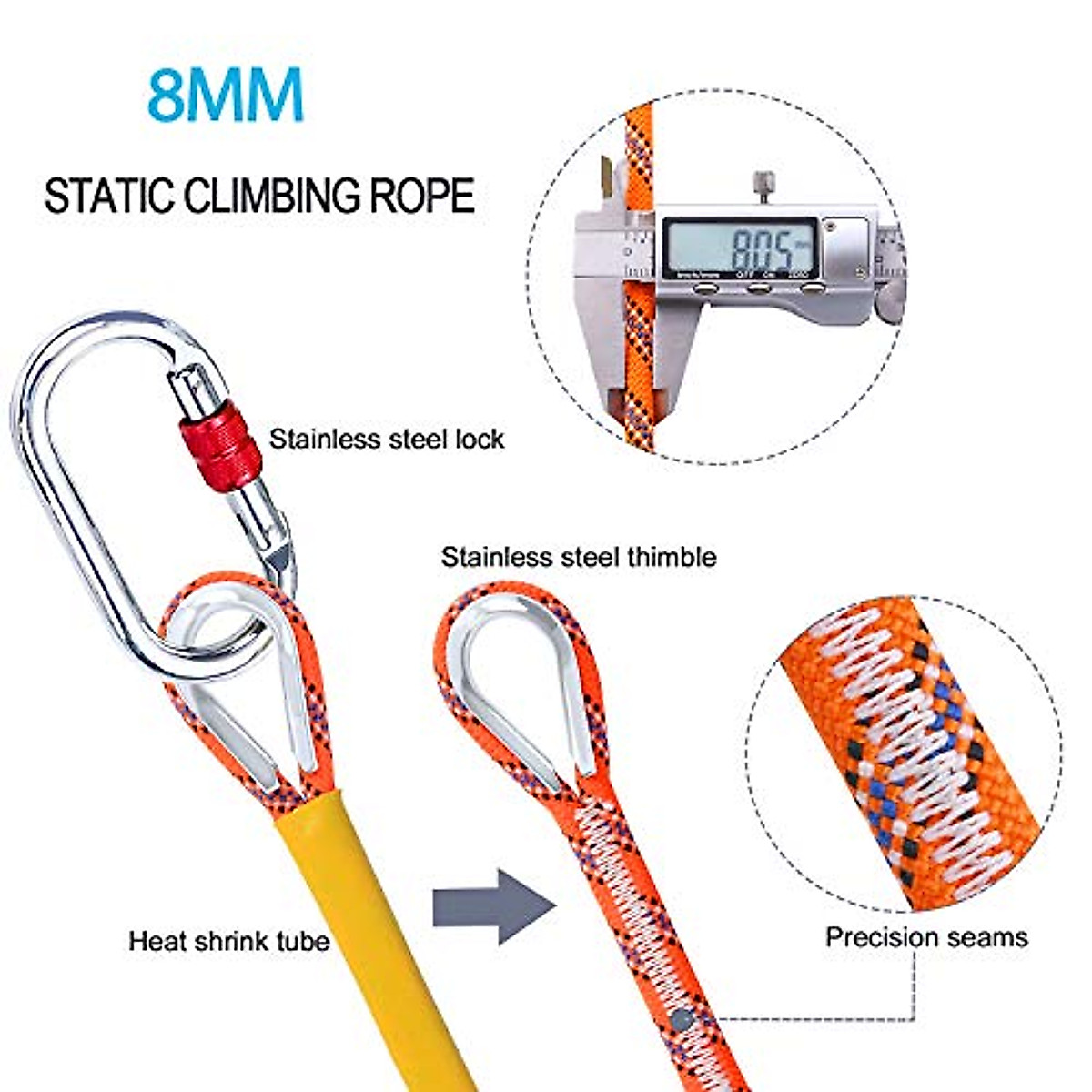 Climbing Rope, 32ft/65ft/98ft/165ft/230ft High Strength Outdoor Safety Static Rock Climbing Rope, Escape Rope, Rappelling Rope, Fire Rescue Parachute Rope (Orange 8mm, 32FT(10M))