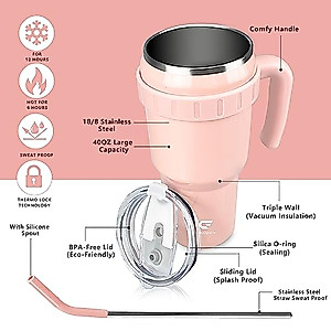 Camicour 40 Oz Tumbler With Handle Insulated Travel Mug With Straw，Reusable Stainless Steel Water Bottle Travel Mug Iced Coffee Cup，Keeps Drinks Cold Up To 34 Hours Or Hot For 12 Hours (Pink)