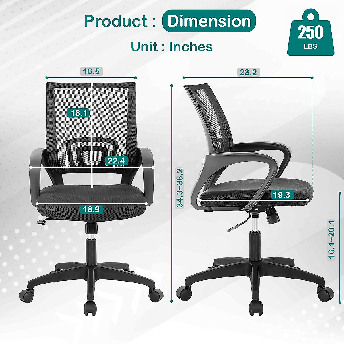 Ruesleag Office Desk Chairs Mid Back Mesh Chairs Ergonomic Desk Chair Executive Adjustable Task Chair for Women Adults Home Office Computer Chair, Black