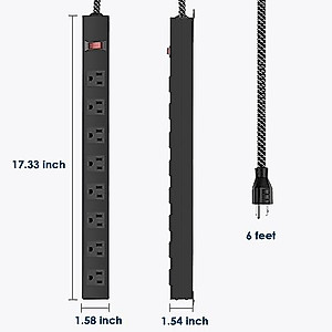 Metal 8 Outlet Mountable Power Strip with Switch,Wide Spaced Heavy Duty Wall Mount Power Strip Surge Protector 1200J,6FT 14AWG Braided Cord 15A 125V 1875W for Home Office Industrial Garage Commercial