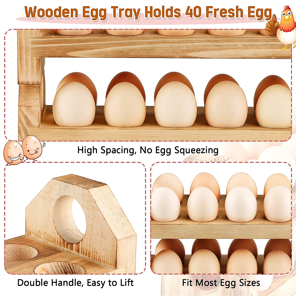 Wooden Egg Holder Countertop, 4 Egg Storage Trays Stackable for 40 Fresh Eggs, Egg Tray Organizer Rustic Kitchen Decoration, Egg Container Rack for Kitchen Organization