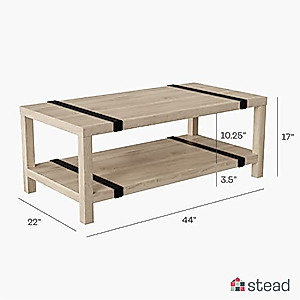 Stead Industrial Rectangular Wood Coffee Table 2023 Collection - Living Room Furniture- Modern Home Decor - Powder-Coated Metal Details (White Washed Oak)