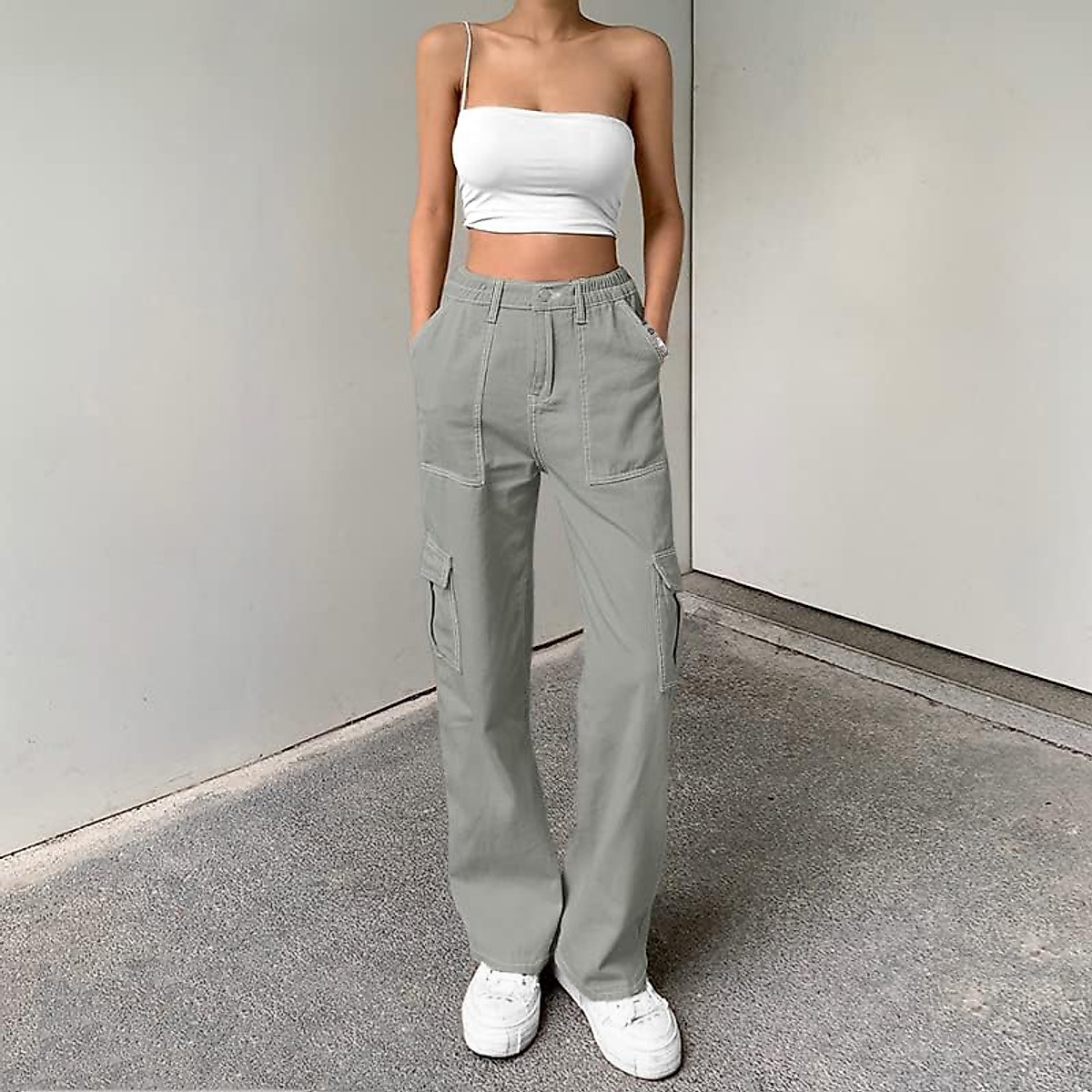 Womens Fall Fashion 2023 High Waisted Cargo Pants Wide Leg Teen Girls Pants Combat Military Trouser Silver Gray