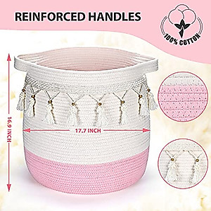 childishness ndup Large Cotton Rope Basket, Tassel Woven Storage Basket for Toy, Laundry and Blanket Organizer Basket, Round Hamper Basket with Handles for Kid's Room 17.7"x16.9"