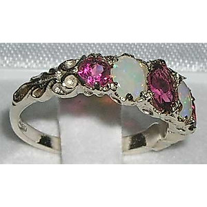 LetsBuyGold 14k White Gold Natural Pink Tourmaline and Opal Womens Band Ring - Size 4.75