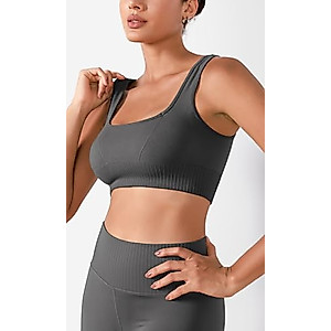 ODODOS Seamless Square Neck Sports Bra for Women Ribbed Crop Tank Casual Low Back Cropped Tops, Charcoal, Medium/Large