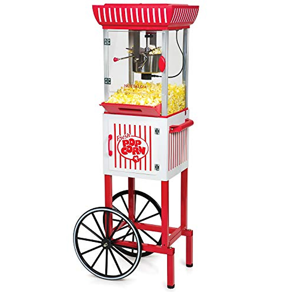 Nostalgia Popcorn Maker Cart, 2.5 Oz Kettle Makes 10 Cups, Retro Classic Popcorn Machine with Interior Light, Measuring Spoons and Scoop, White and Red