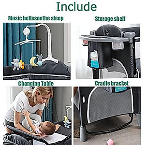 MMBABY 5-in-1 Pack and Play Portable Crib for Baby,Multifunction Bedside Crib from Newborn to Toddlers,U-Shaped Diaper Changer,Playard,Safety Strap,Carry Bag,Hanging Toys (Black)
