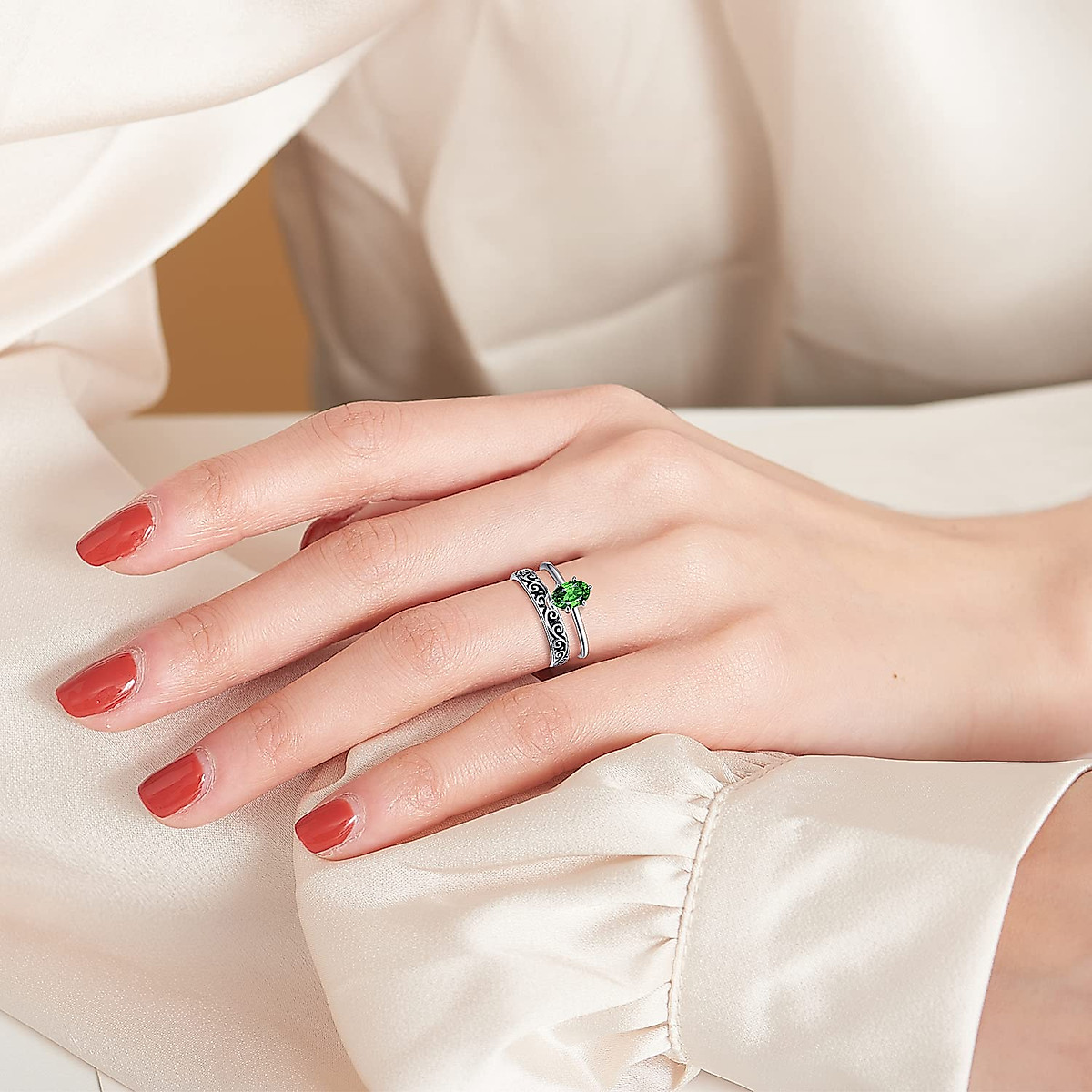 AVECON Womens Black Silver Wedding Ring Set Created Green Emerald Engagement Bridal Set Promise Ring Set Size 10