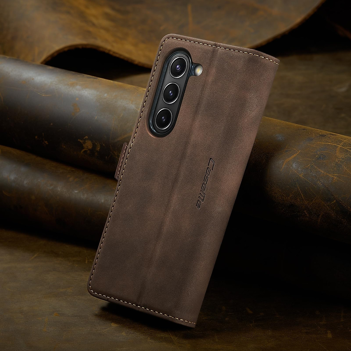 FONREST for Samsung-Galaxy-Z-Fold-5 5G Flip Leather Case, Slim Stitched PU Folio Book Wallet Cover with Kickstand, Card/Cash Slots, Magnetic Closure. Talk on The Phone w/Front Cover Closed(Coffee)