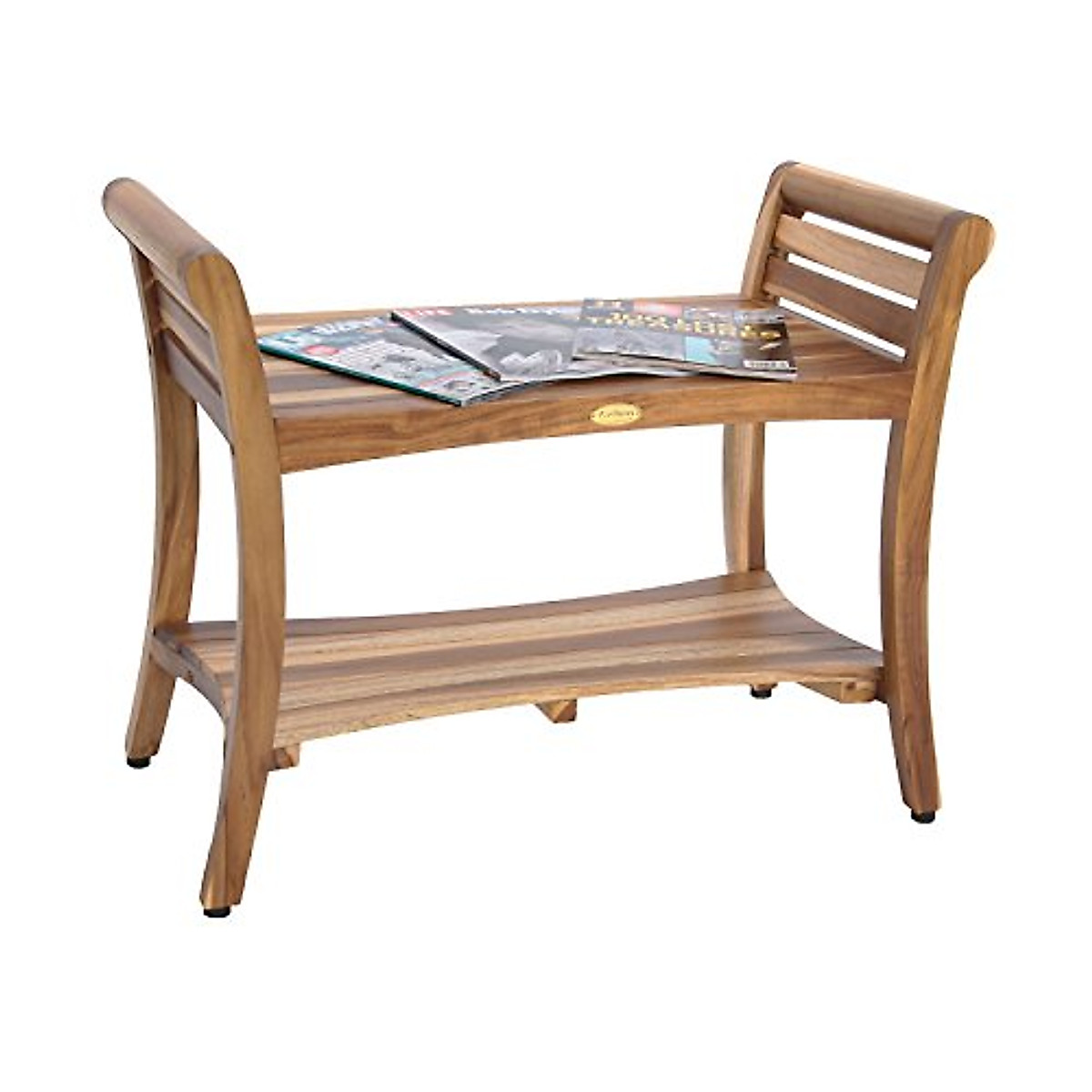 EcoDecors Symmetry Shower Bench Natural Teak Wood Shower Bench with Shelf and LiftAide Arms 30" Long Wood Shower Stool in EarthyTeak Finish for Indoors and Outdoors