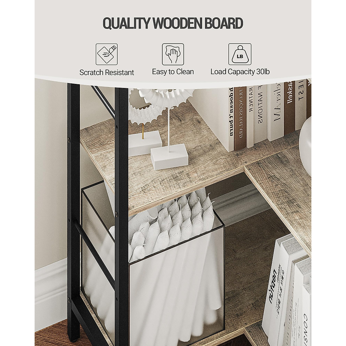 Hzuaneri Corner Bookshelf Bookcase, L-Shaped Industrial Bookshelves, Modern Tall Bookcases, Freestanding Display Shelf Storage Rack for Bedroom, Living Room, Home Office, 6-Tier Greige BC29605B