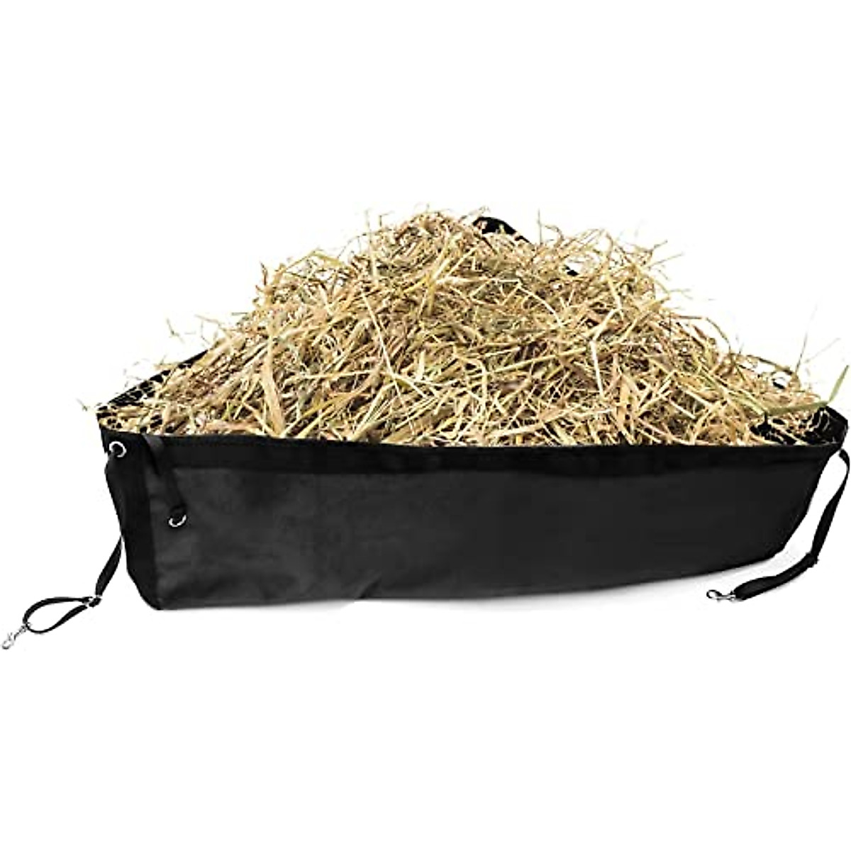 QWORK Hay Feed Bags for Horse, Large Capacity Corner Hay Bag, Reduces Waste, with Mesh Bottom and Snap Closure, for Horse Trailer Stalls, Black