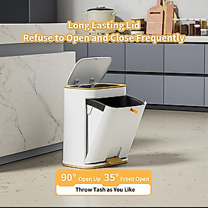 Bathroom Trash Can with Lid, Plastic 3 Gallon Garbage can with Press top Lid, Gold Step Pedal Trash can, Narrow White Trash bin for Kitchen, Bathroom, Bedroom, Living Room, Office, Dog Proof Trash Can