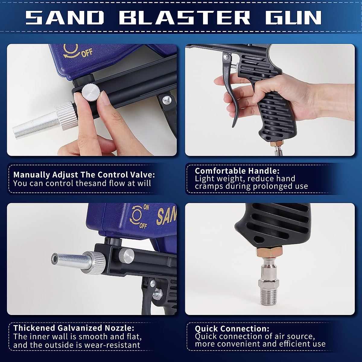 Ziopetru Sand Blaster Gun - Gravity Feed Sandblaster Gun for Metal, Wood Paint/Rust Removal and Glass Etching - Handheld Sand Blaster Gun for Air Compressor, Up to 70-150 PSI Blasting Media, Blue
