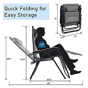 PHI VILLA Oversize XL Padded Zero Gravity Lounge Chair Family Lovers Pack with Wide Armrest Foldable Recliner, Set of 2, Support 400 LBS (Light Grey)
