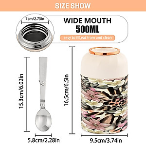 CUPADA Animal Print Flower Food Jar for Hot and Cold, Leopard Texture Floral Insulated Food Jars Vacuum 17OZ with Folding Spoon for Work Trip Picnic Camping