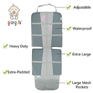 Glangels Child Car Seat Protector- Enhanced Padded Booster Seat Cover for Vehicles-Waterproof Seat Protectant for Baby or Toddler-Extra Large Storage Pocket-Prevents Dirt and Damage (Grey)