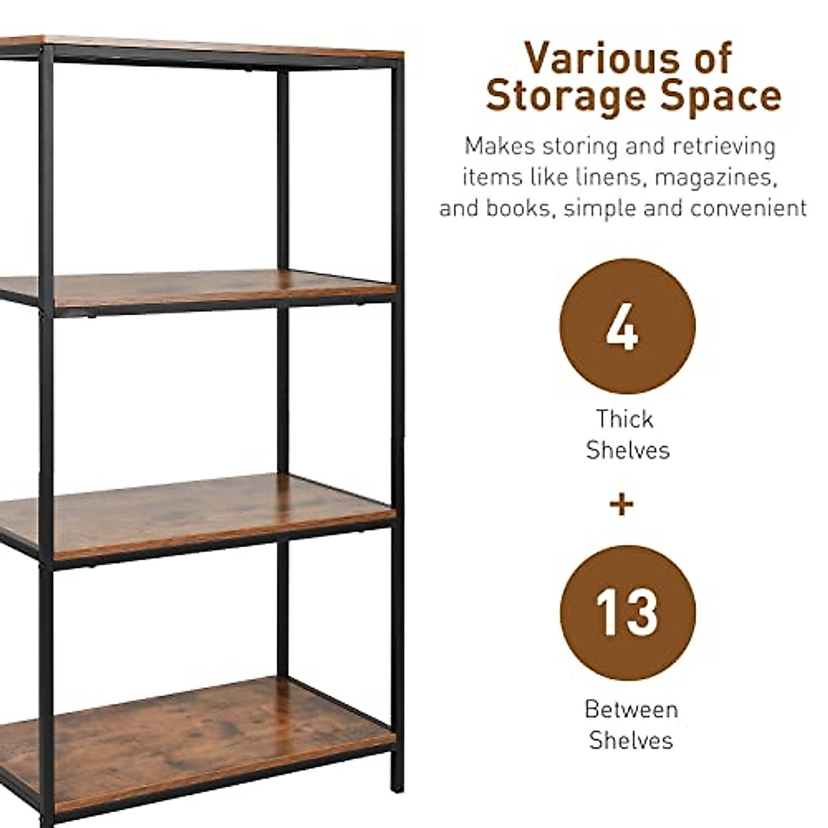 ECOMEX 4 Tier Bookshelf, Tall Bookcase with Metal Frame for Stroge,Industrial Bookshelf and Bookcases for Bedroom,Livingroom,Office Brown